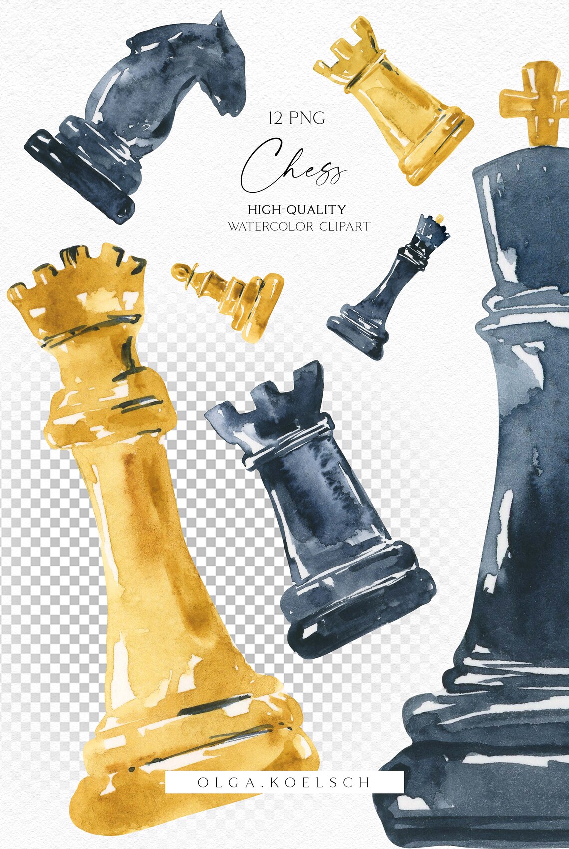 Chess clipart Watercolor chess pieces clip art Chess figures | Etsy