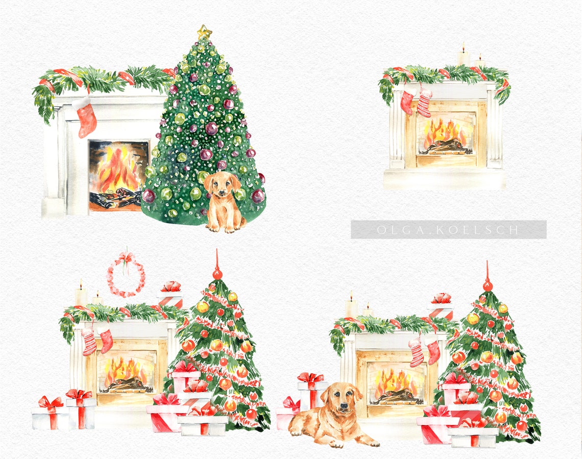 Watercolor Hygge Clipart, Fireplace and Dog Holiday Clip Art, Cozy ...