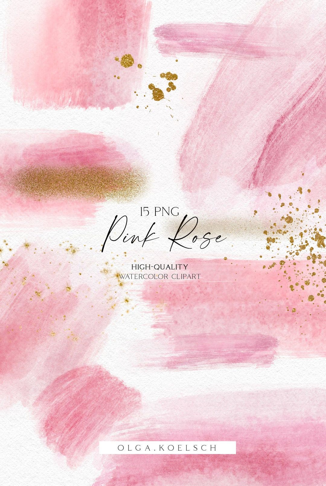 Valentine Pink Watercolor Brush Strokes Png, Gold Abstract Clipart ...