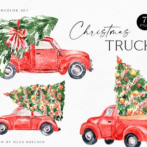 Watercolor Red Christmas Truck Clipart, Christmas Tree PNG (3000x3000 ...