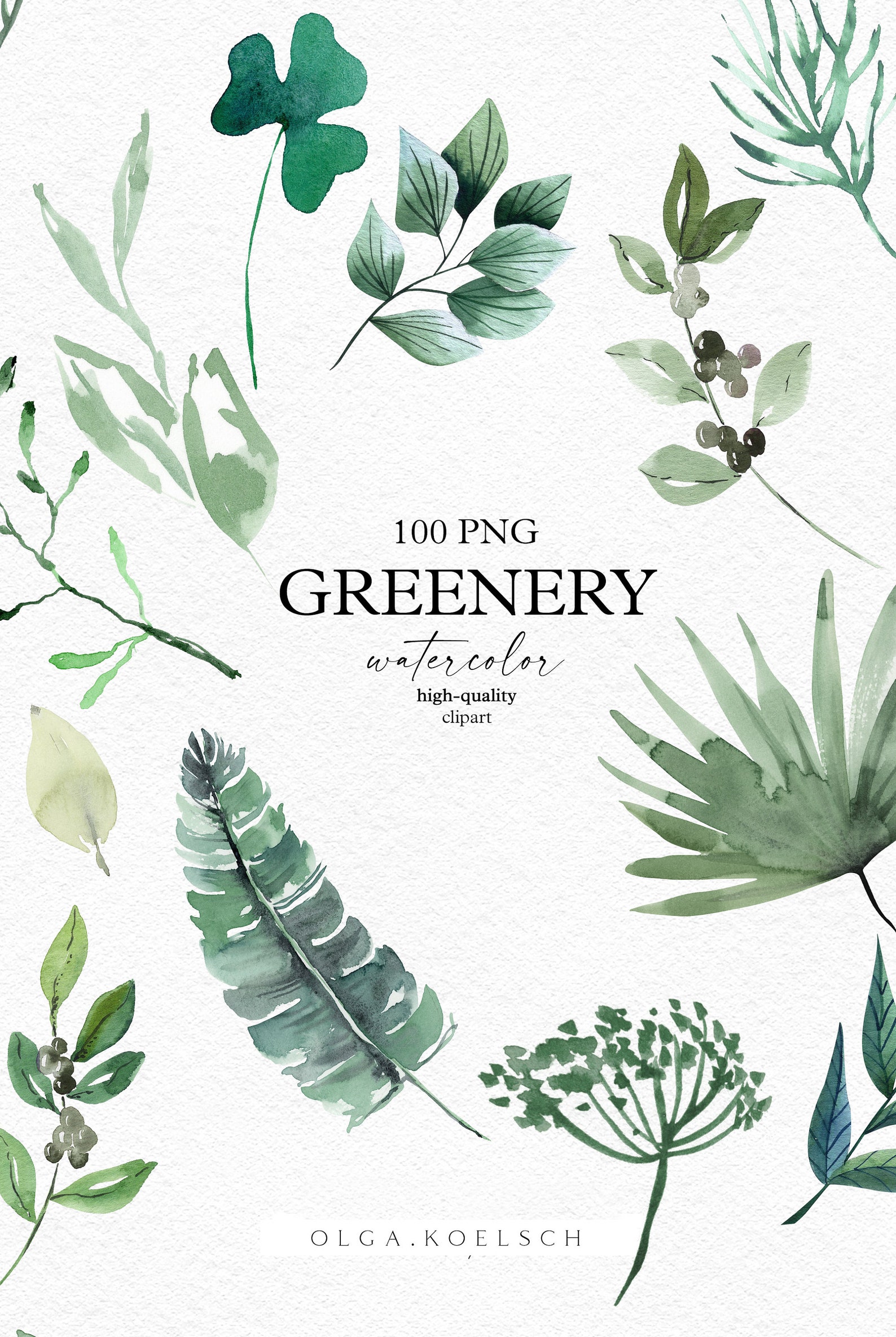 Watercolor Greenery Bundle Clipart Green Leaves Png Hand - Etsy