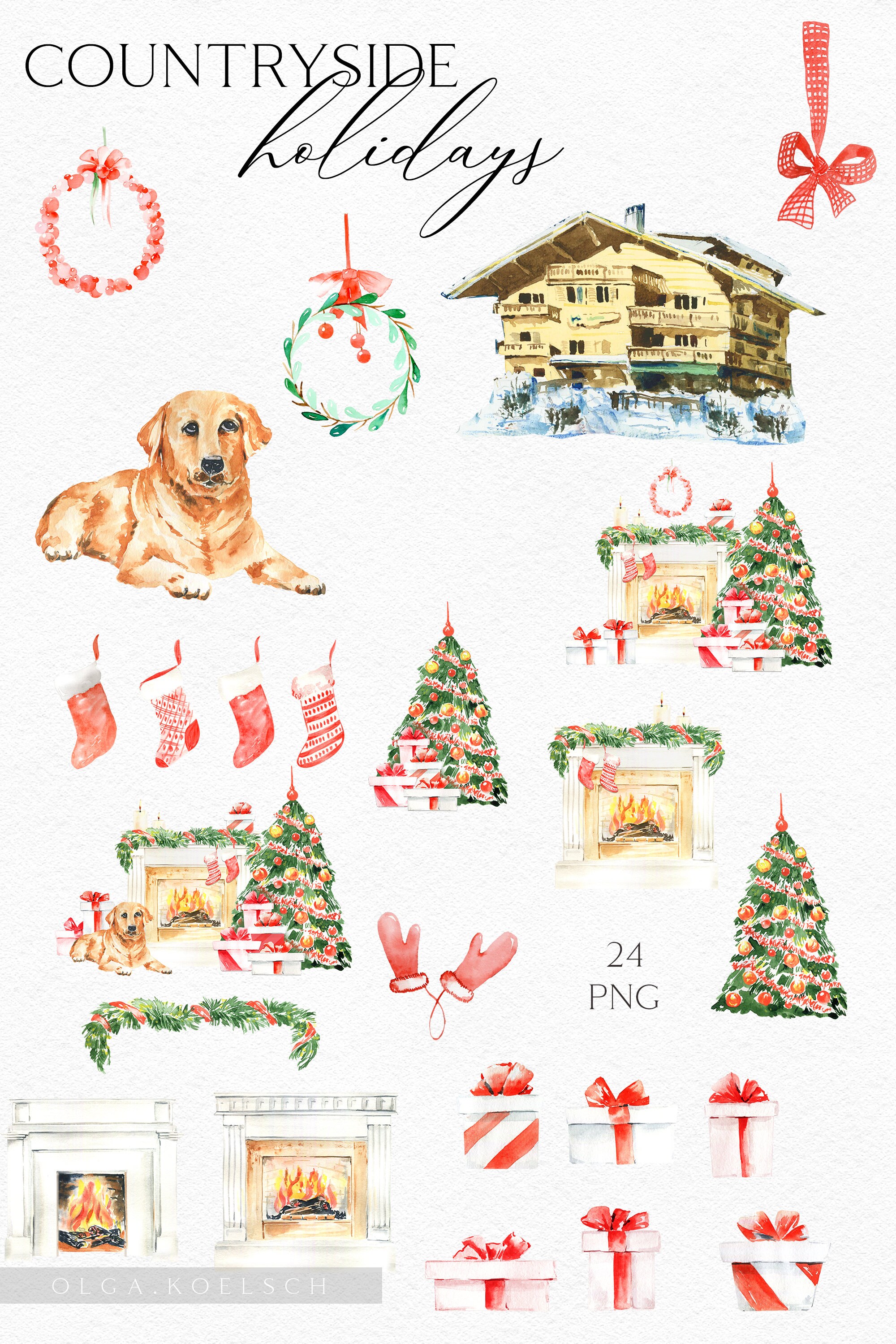 Watercolor Hygge Clipart, Farmhouse Holiday Clip Art - Dog, Natural ...