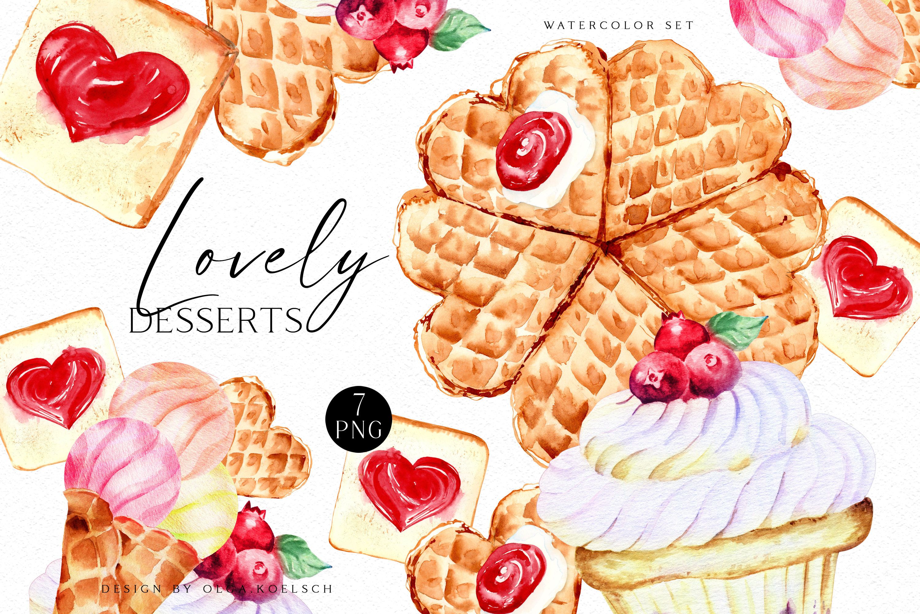 Sweet Desserts Watercolor Clipart Cute Love Waffle Heart | Etsy