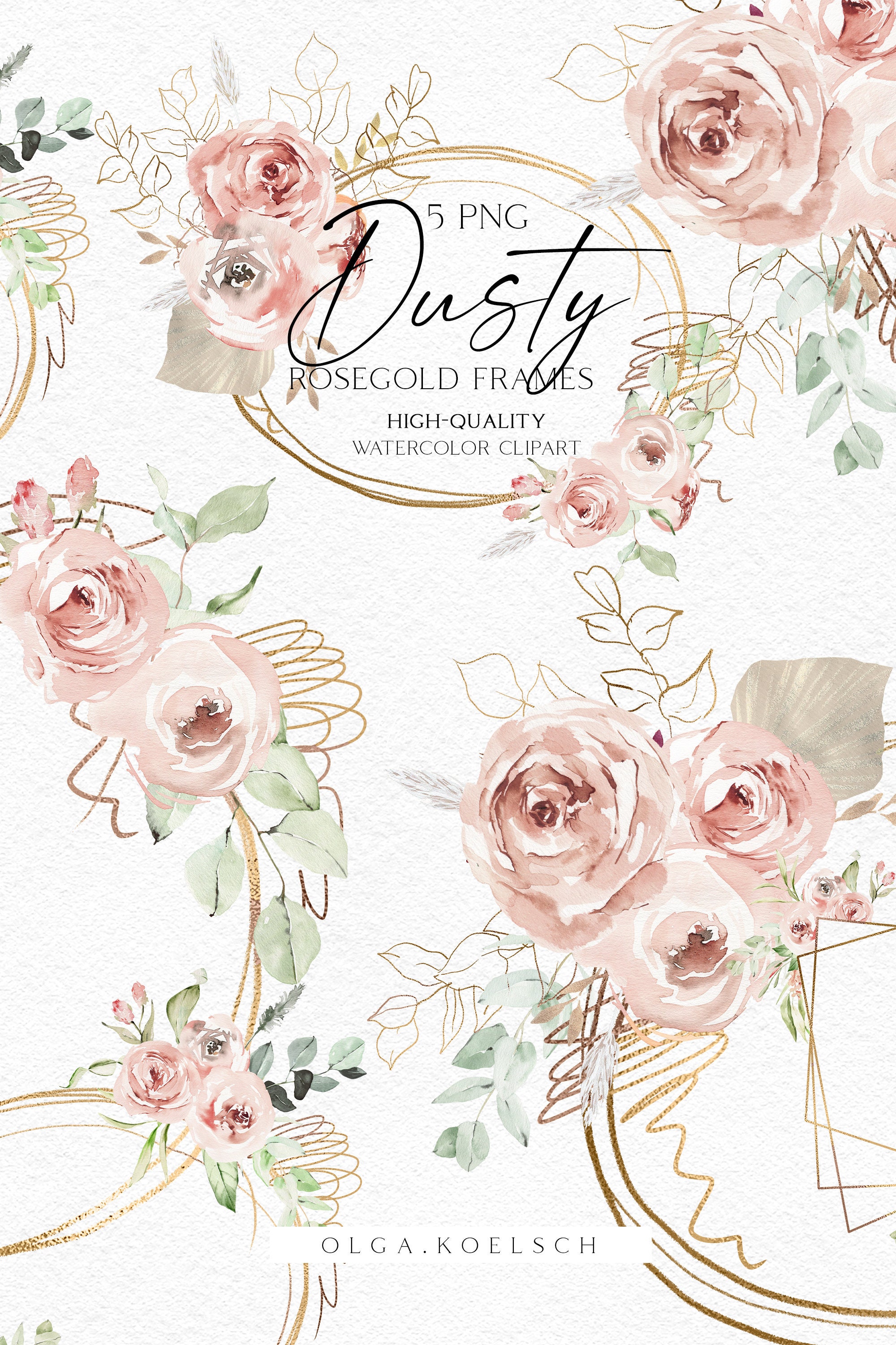Boho Roses Gold Glitter Frame Clipart, Watercolor Floral Borders Png ...