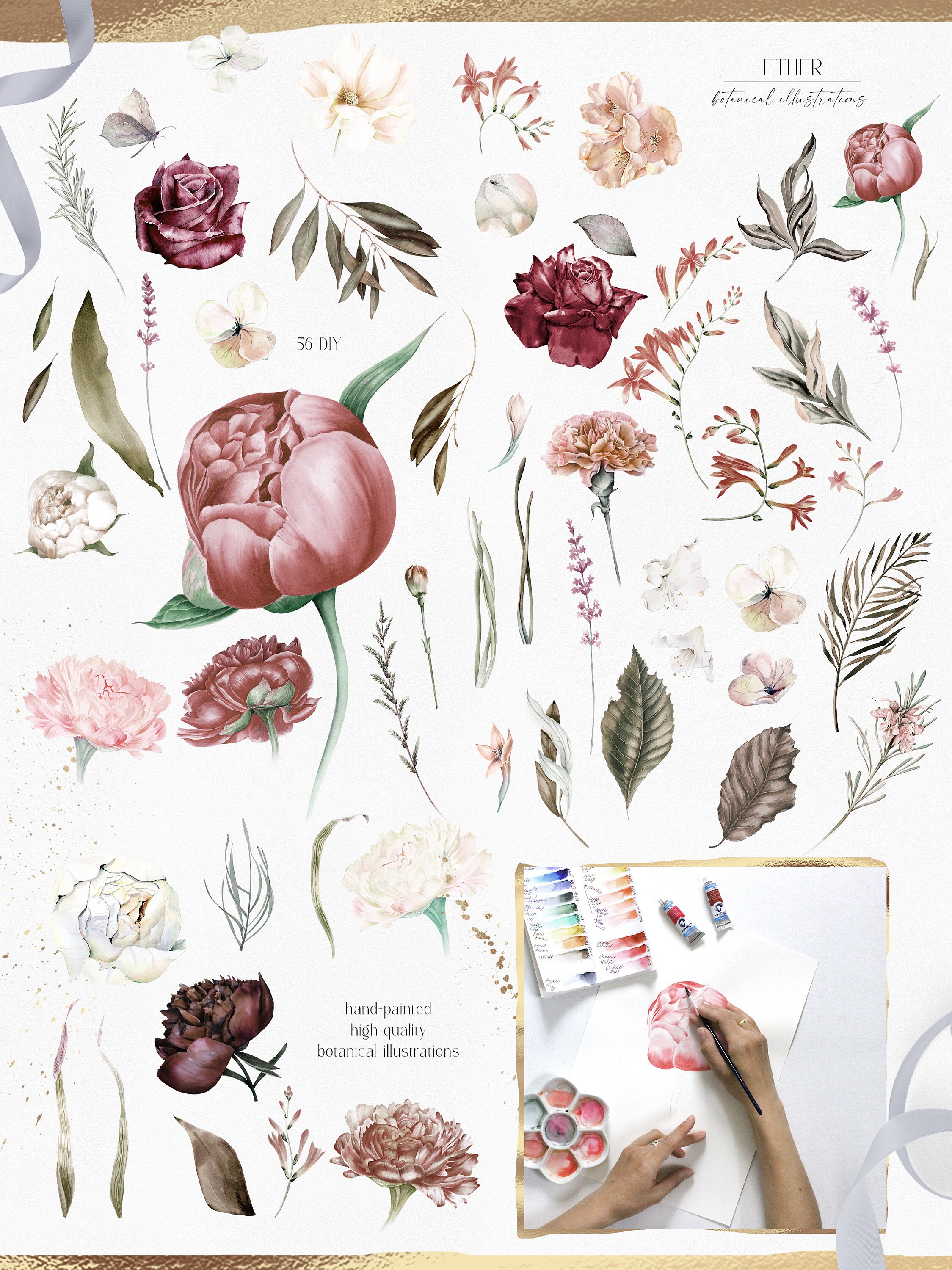 Watercolor Boho Flower Clipart, Burgundy Watercolor Bouquet Png, Boho ...