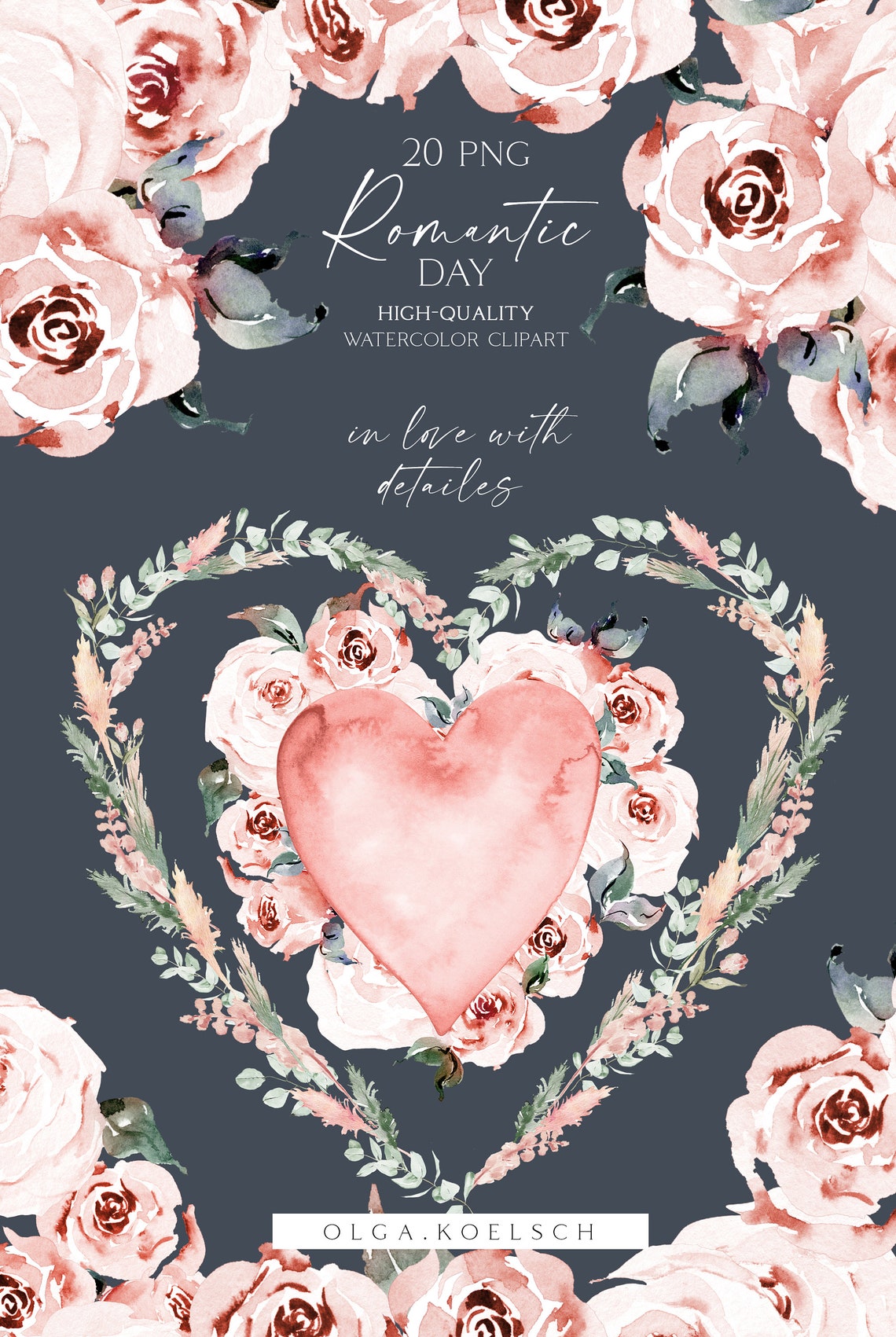 Watercolor Valentine Clipart Pink Floral Heart Png Pink | Etsy