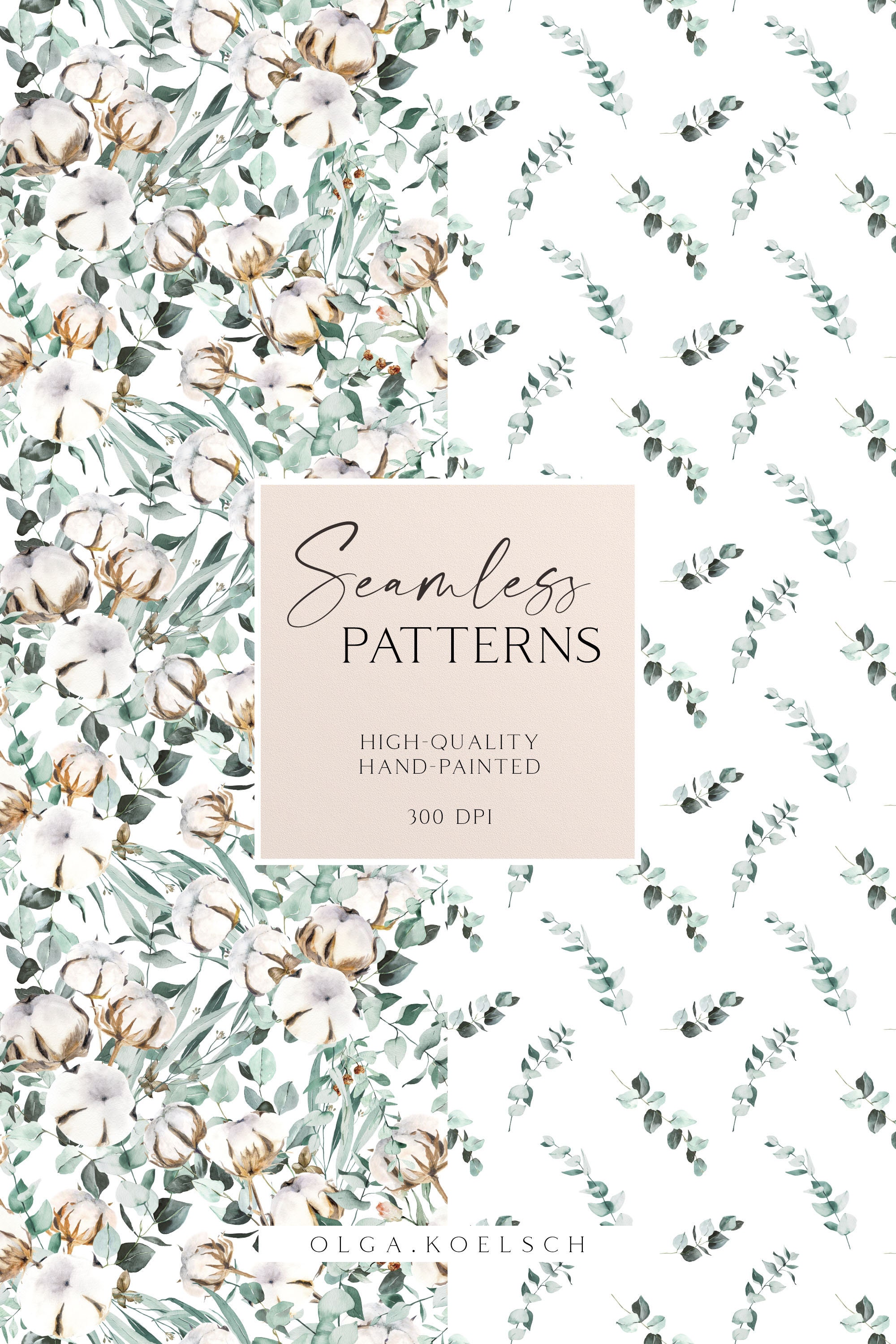 Watercolor Cotton Seamless Pattern, Eucalyptus Seamless Paper for ...