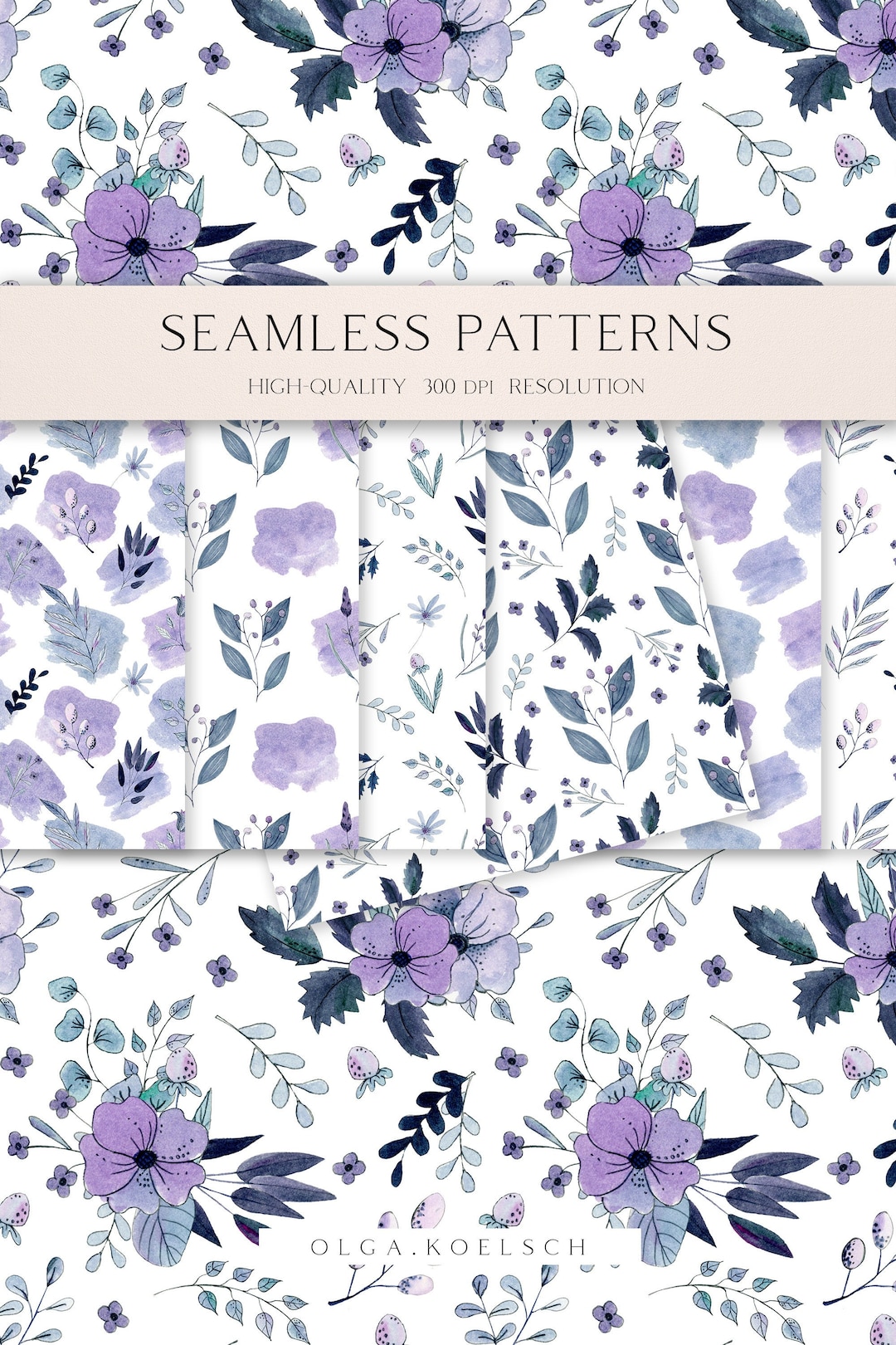 Dusty Blue Flower Seamless Pattern for Fabric, Lilac Boho Digital Paper ...