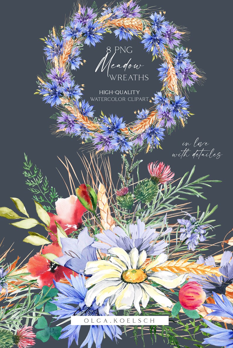 Watercolor Boho Wreath Clipart Wild Flowers Png Meadow | Etsy