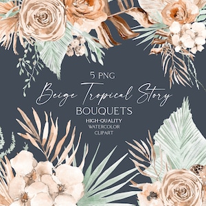 Watercolor Boho Dried Flower Clipart, Palm Boho Roses Bouquets Png ...