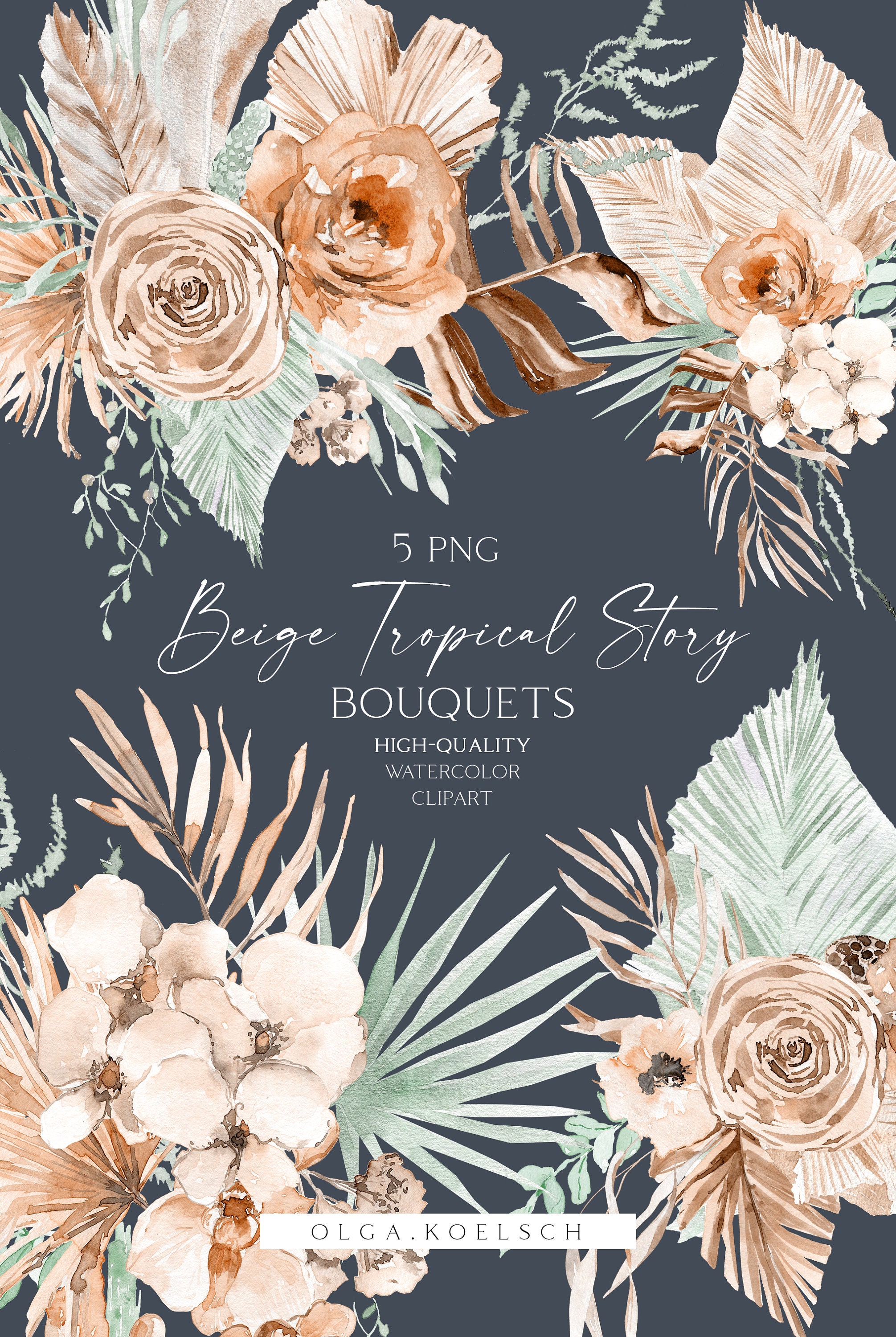 Watercolor Boho Dried Flower Clipart, Palm Boho Roses Bouquets Png ...