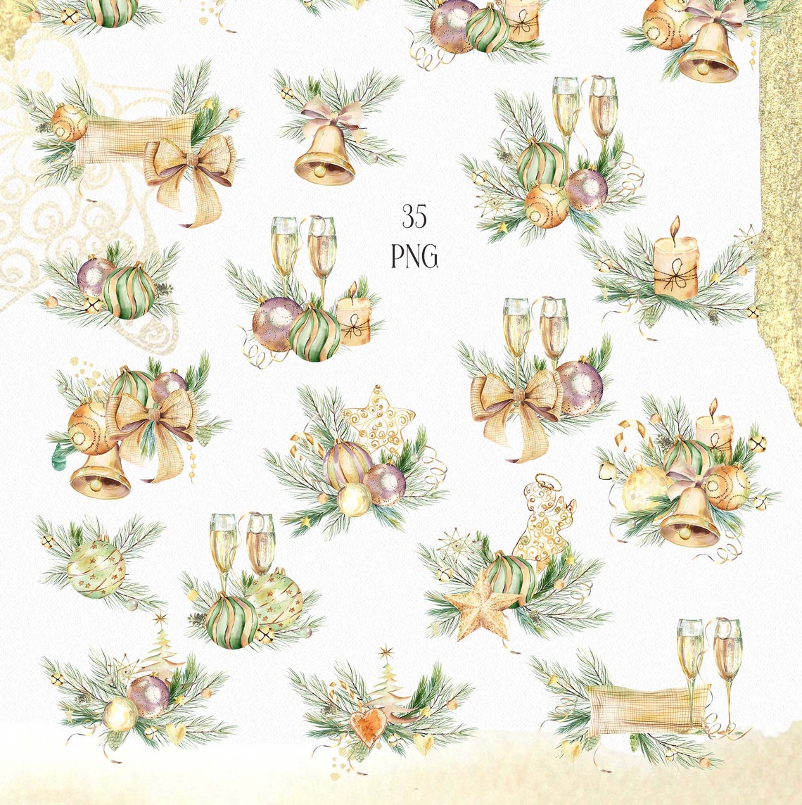 Watercolor Christmas clip art Golden Cristmas wreath png | Etsy