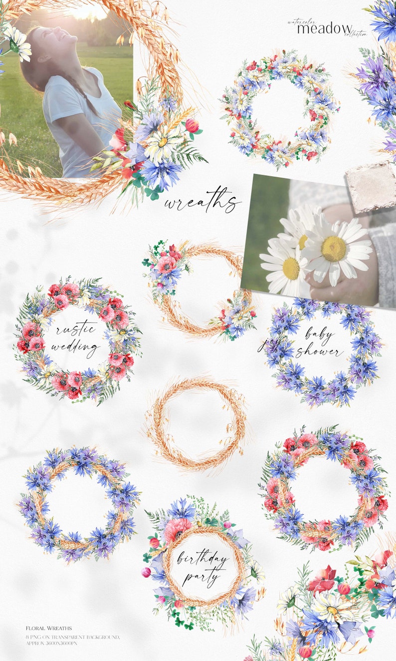 Watercolor Boho Wreath Clipart Wild Flowers Png Meadow | Etsy