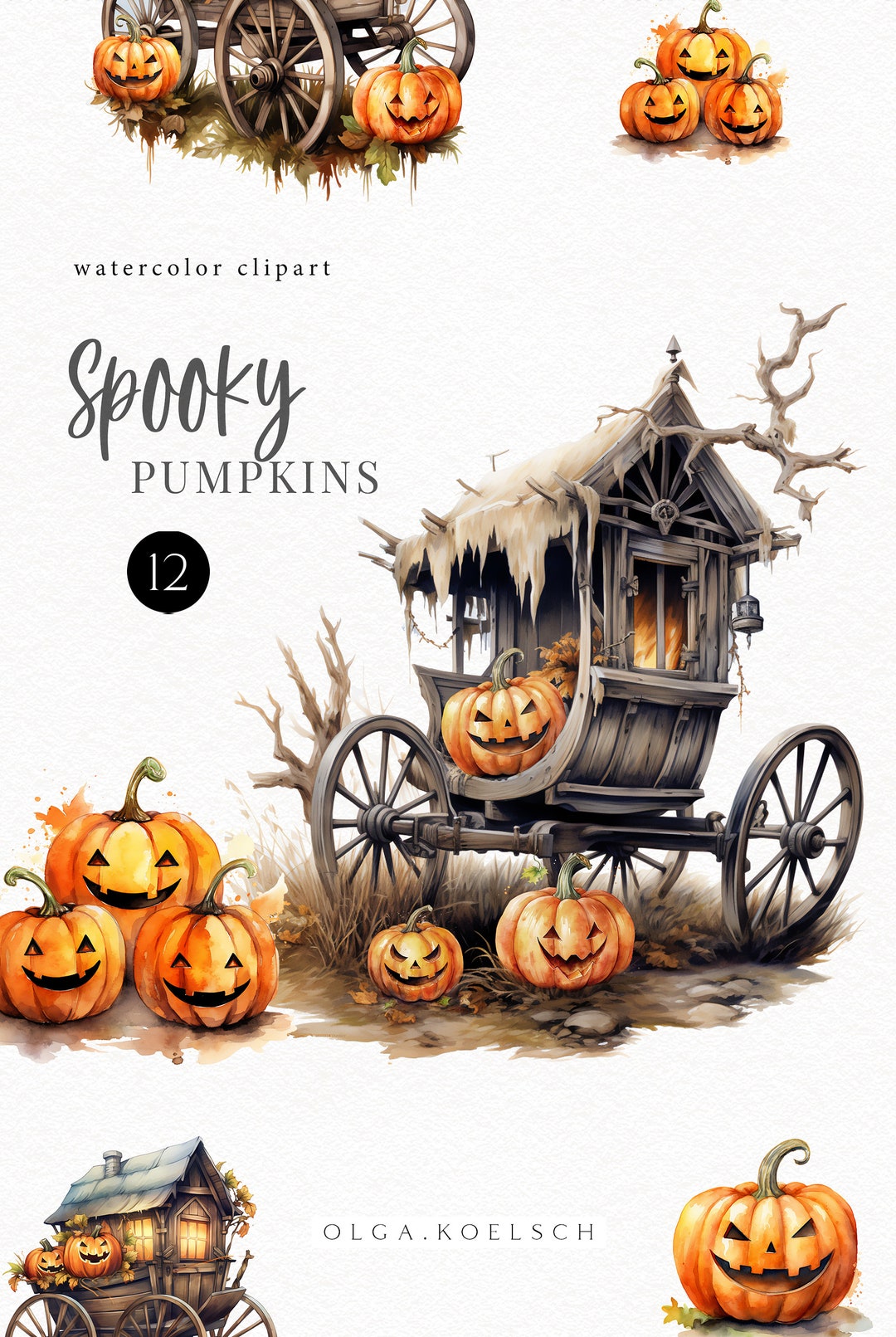 Watercolor Halloween Pumpkin Clipart, Spooky Ghost Houses Png for Party ...