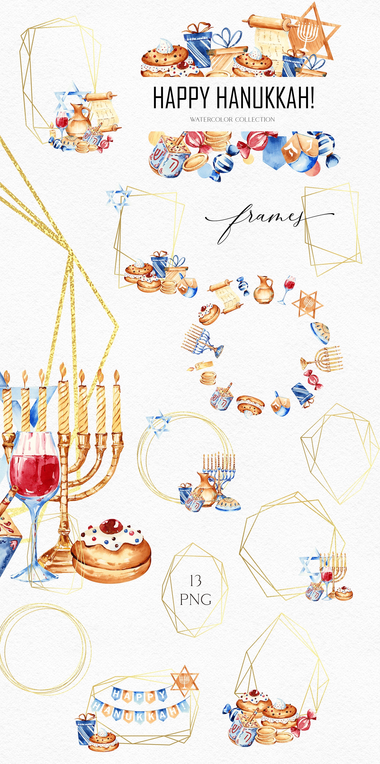 Hanukkah Jewish Holiday Watercolor Clipart Hand Drawn Menorah - Etsy