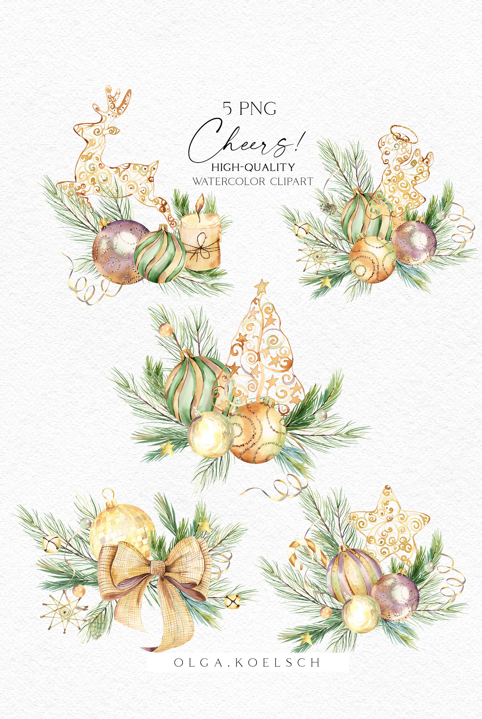 Gold Christmas Ornaments Clipart, Watercolor Hand-painted Elements for ...