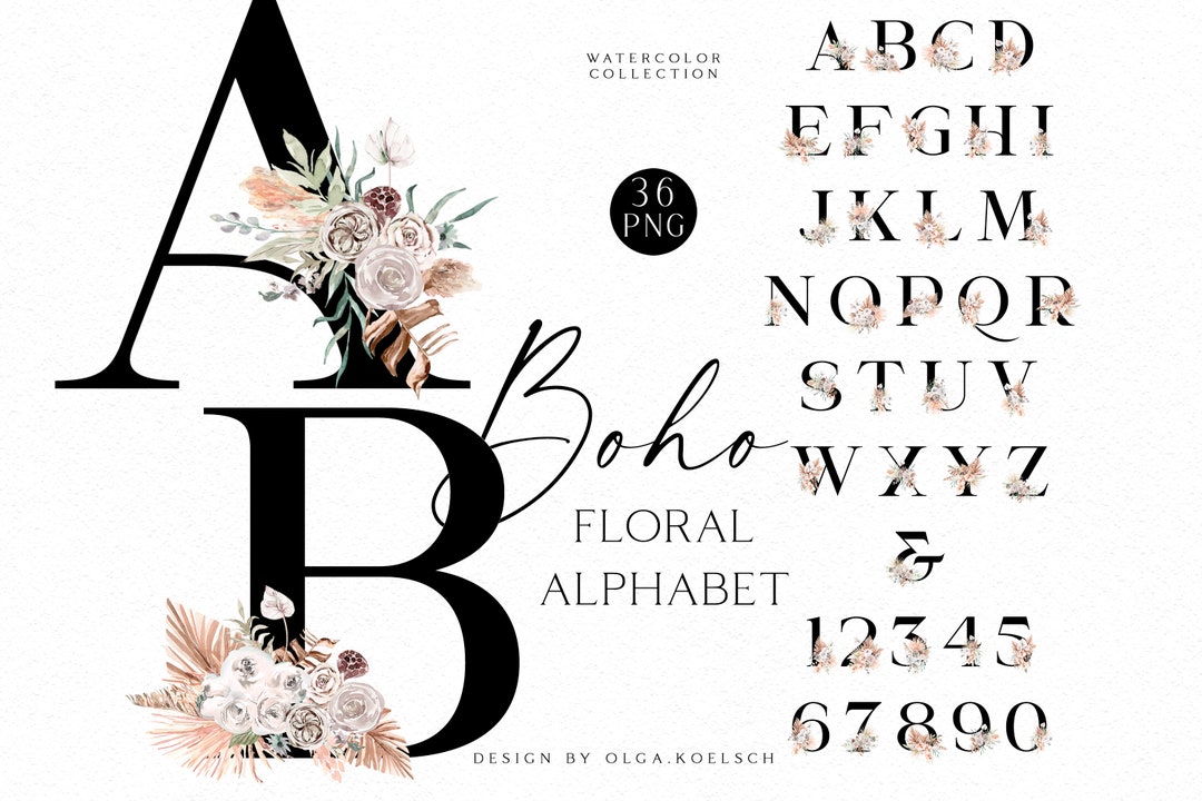 Boho Floral Wedding Alphabet Clipart, Watercolor Pastel Flowers ...