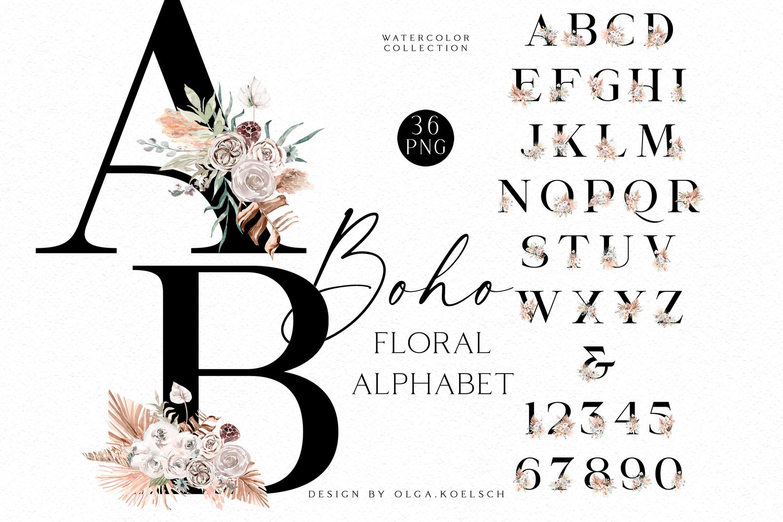 Boho Floral Wedding Alphabet Clipart, Watercolor Pastel Flowers ...