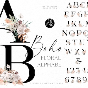 Boho Floral Wedding Alphabet Clipart, Watercolor Pastel Flowers ...