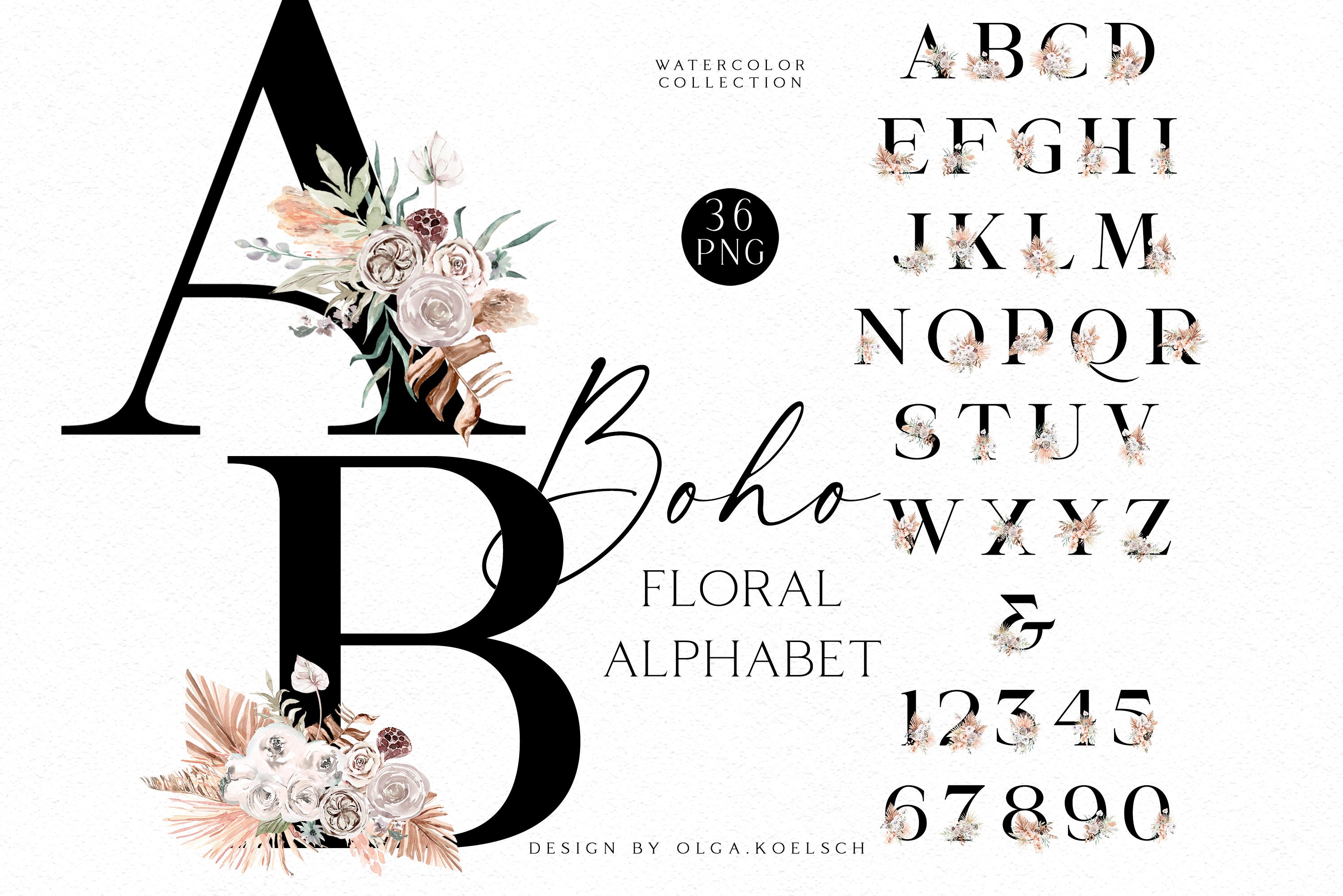 Boho Floral Wedding Alphabet Clipart Watercolor Pastel - Etsy