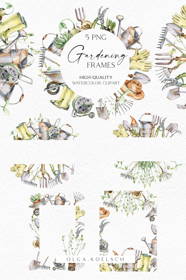 Watercolor Gardening Frames Clipart, Hand-painted Garden Tools Png ...