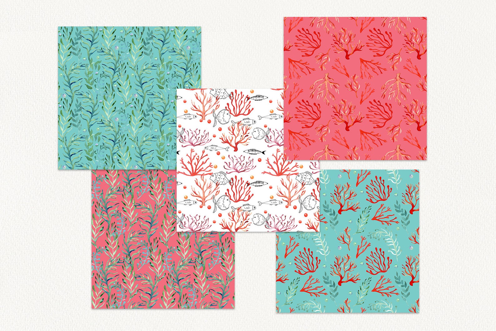 Watercolor Coral Digital Paper Pack Coral and Seaweed - Etsy