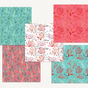 Watercolor Coral Digital Paper Pack, Coral and Seaweed Seamless Pattern ...
