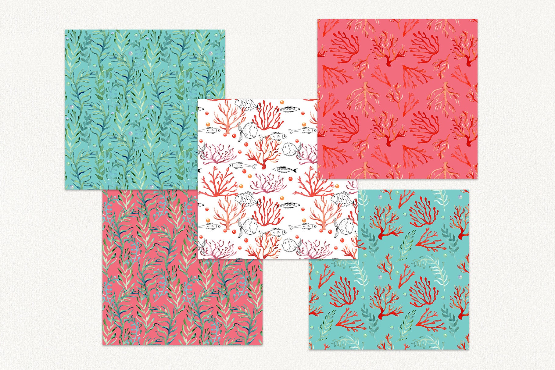 Watercolor Coral Digital Paper Pack, Coral and Seaweed Seamless Pattern ...