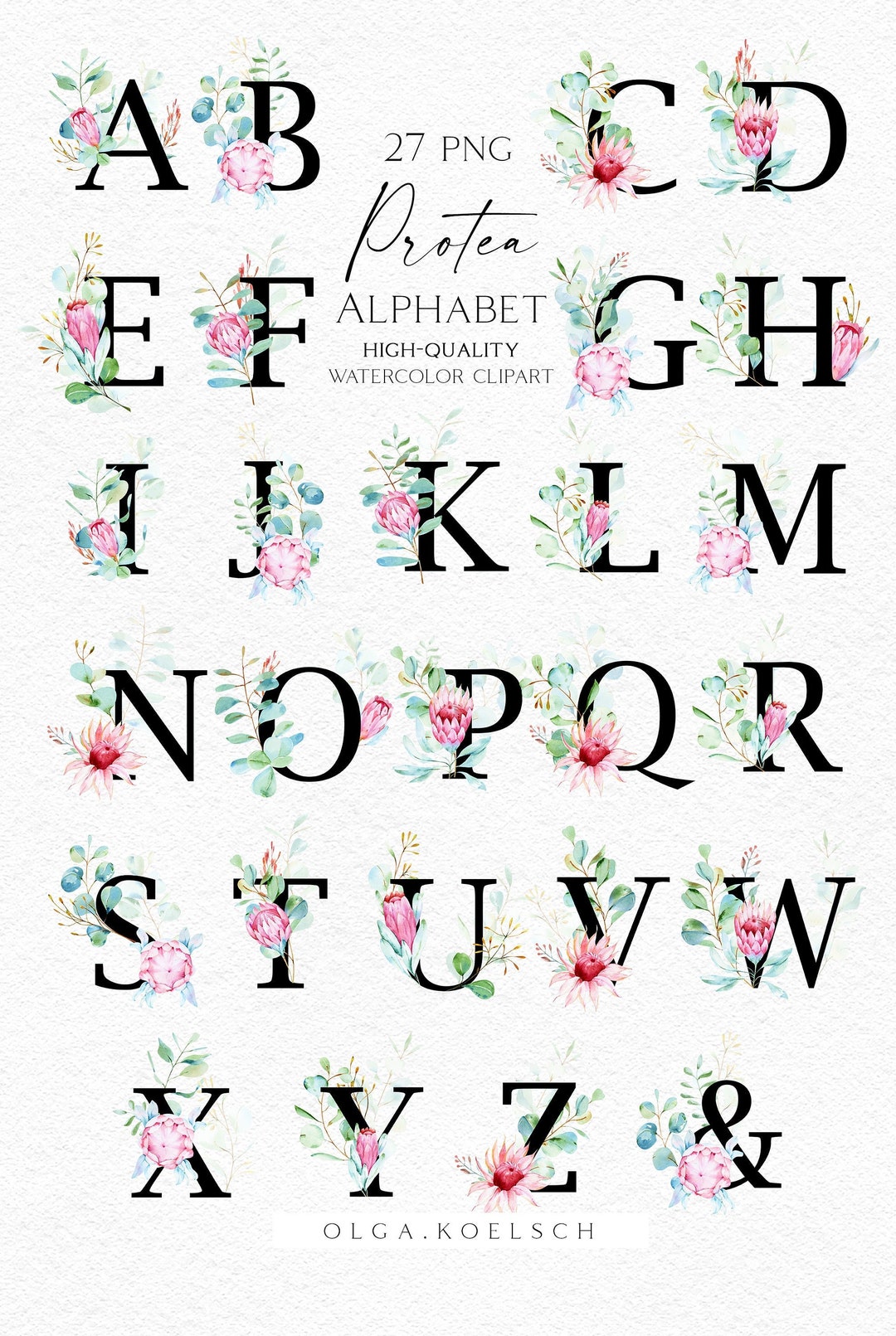 Tropical Pink Wedding Alphabet Clipart, Watercolor Protea Eucalyptus ...