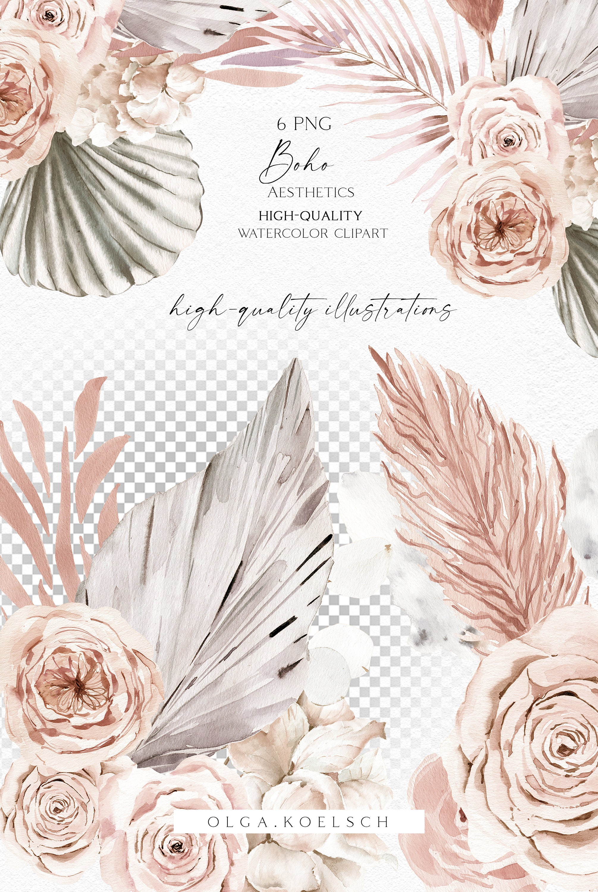 Watercolor Boho Dried Flower Clipart Palm Boho Roses Bouquets - Etsy Norway