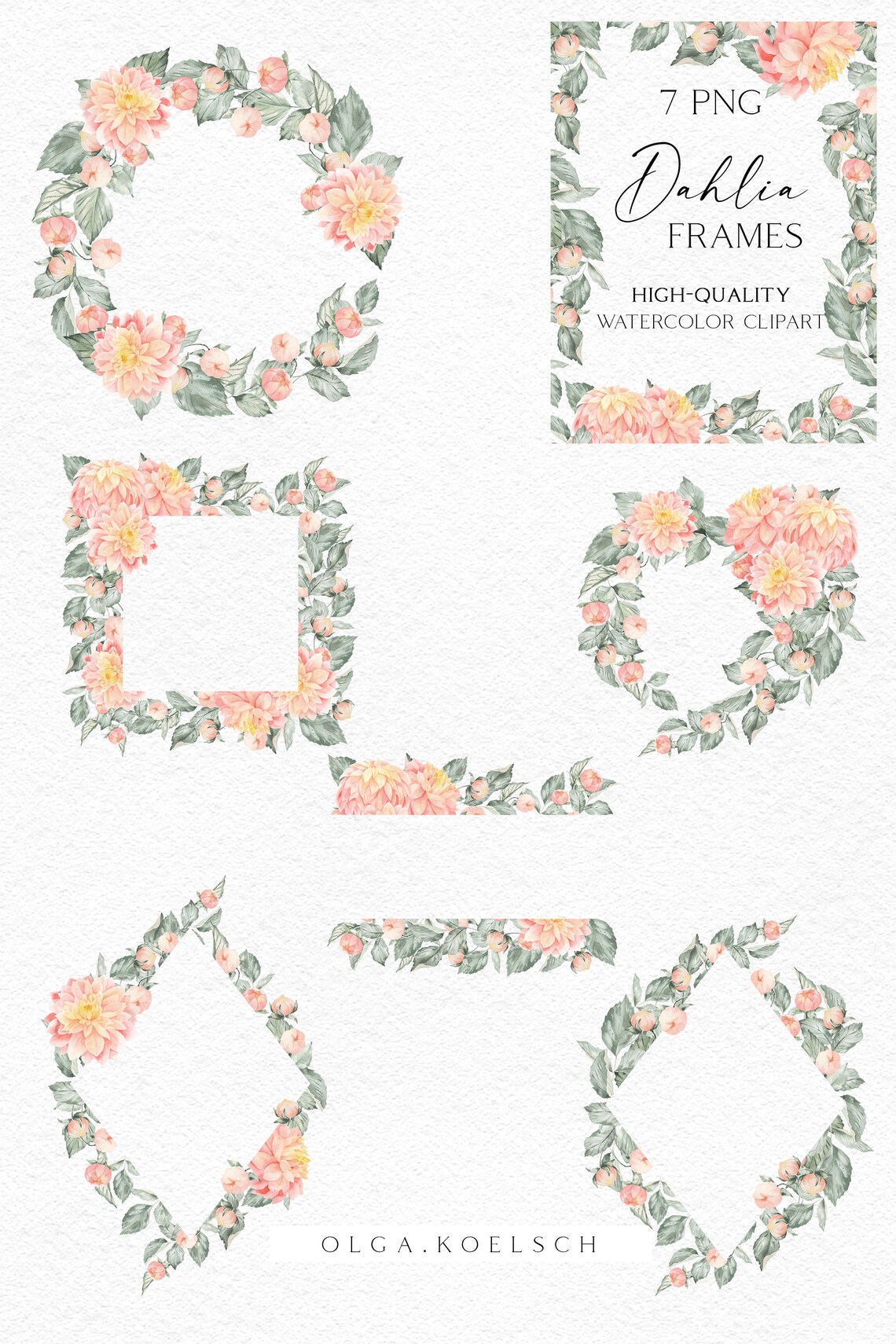 Watercolor Frames Clipart Dahlia Clip Art Pink Flowers Boho - Etsy