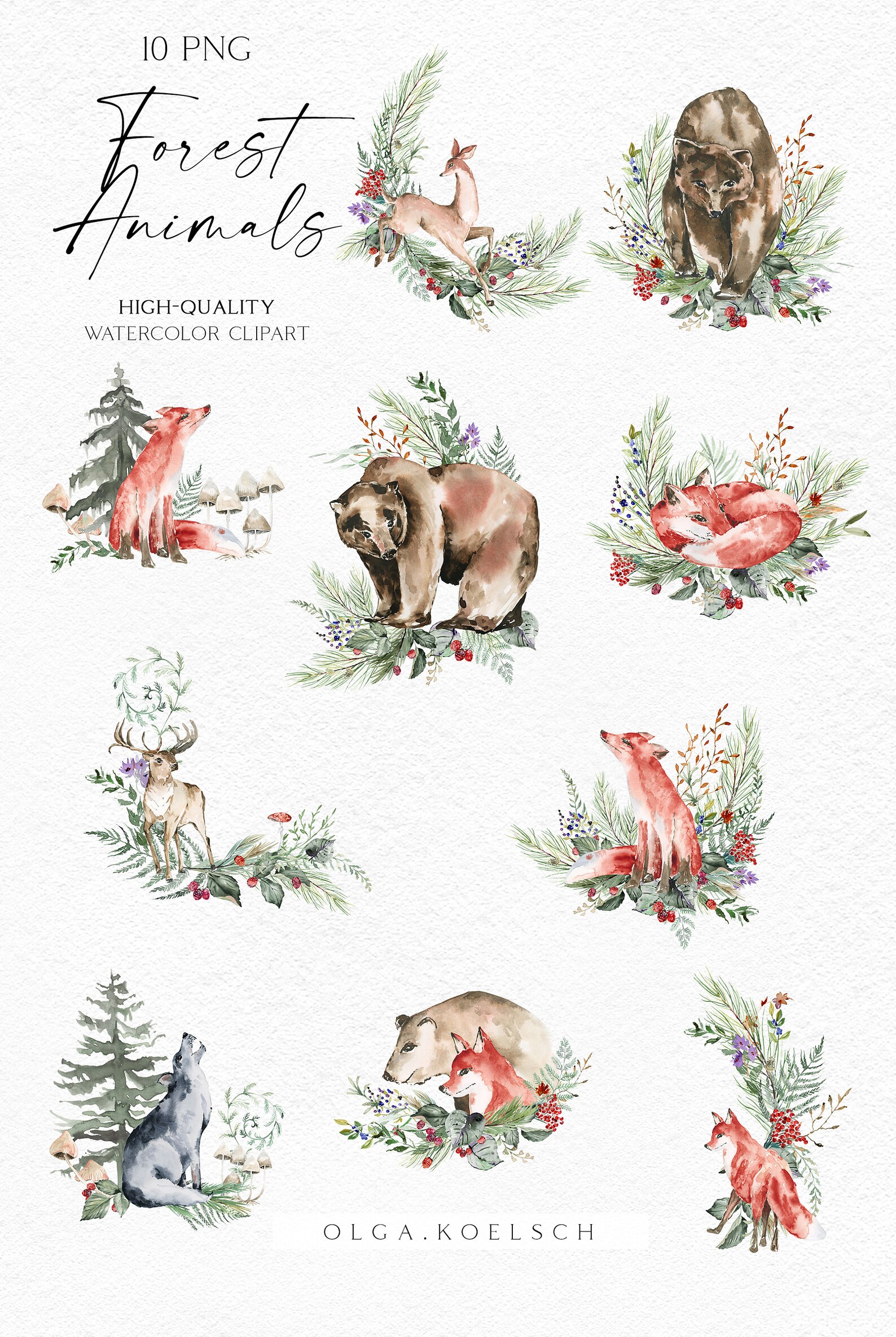 Watercolor Forest Animals Clipart, Cute Animals Clipart, Woodland ...