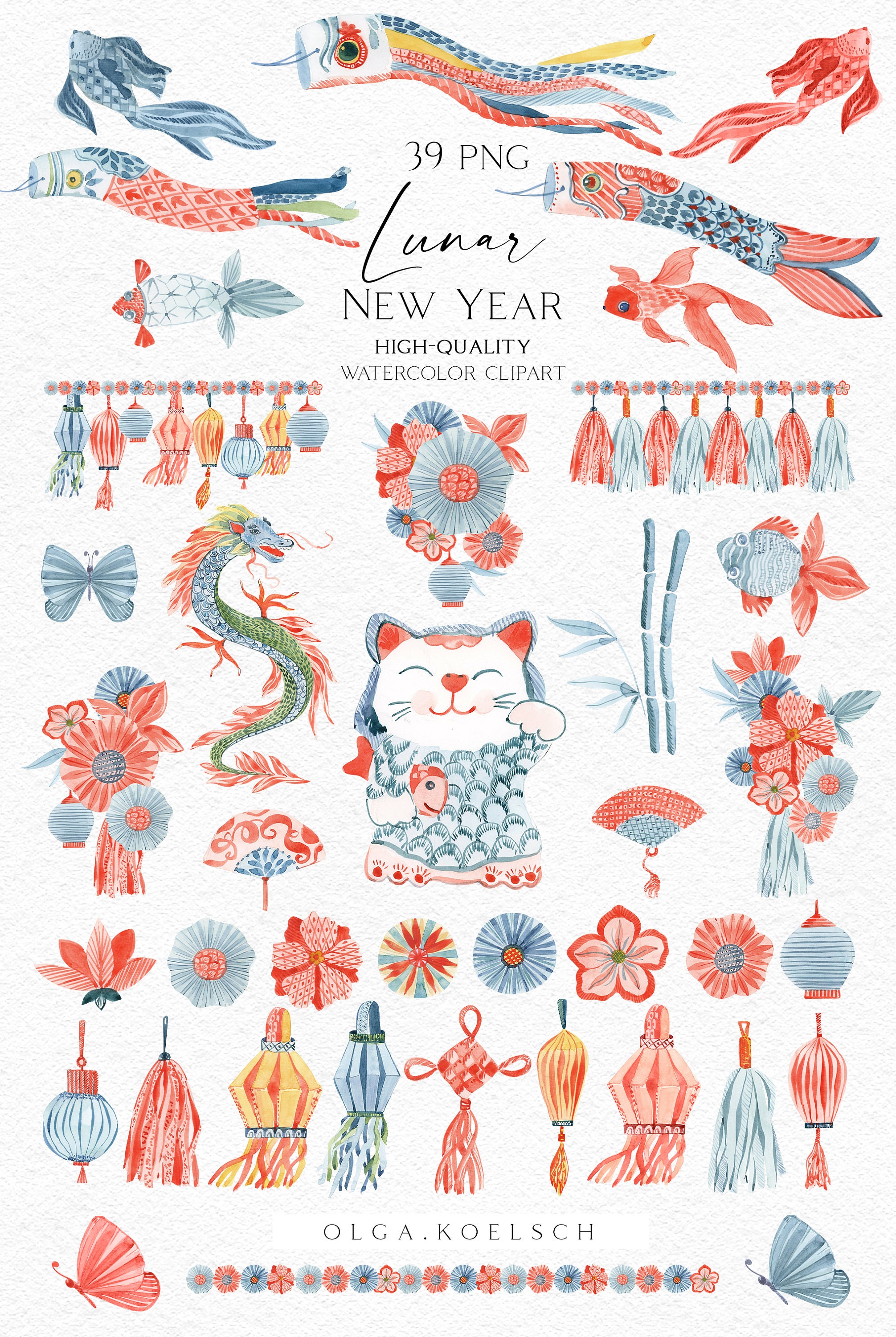 Watercolor Lunar Year Clipart Chinese Lanterns Clip Art - Etsy