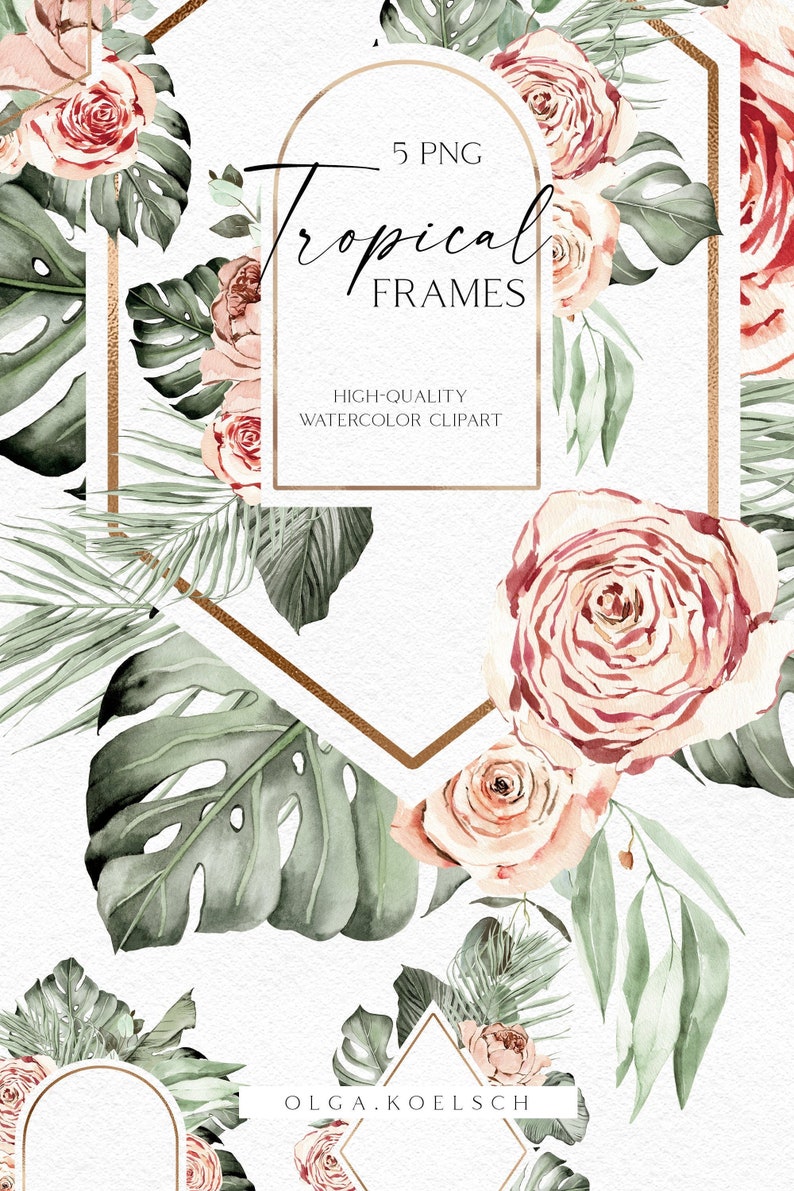 Boho Tropical Clipart Watercolor Boho Roses Border Clipart - Etsy