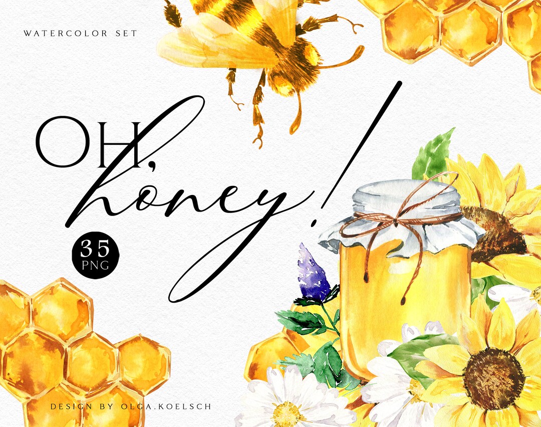 Watercolor Honey Bee Clipart Sunflower Clipart, Honey Dipper, Honey ...