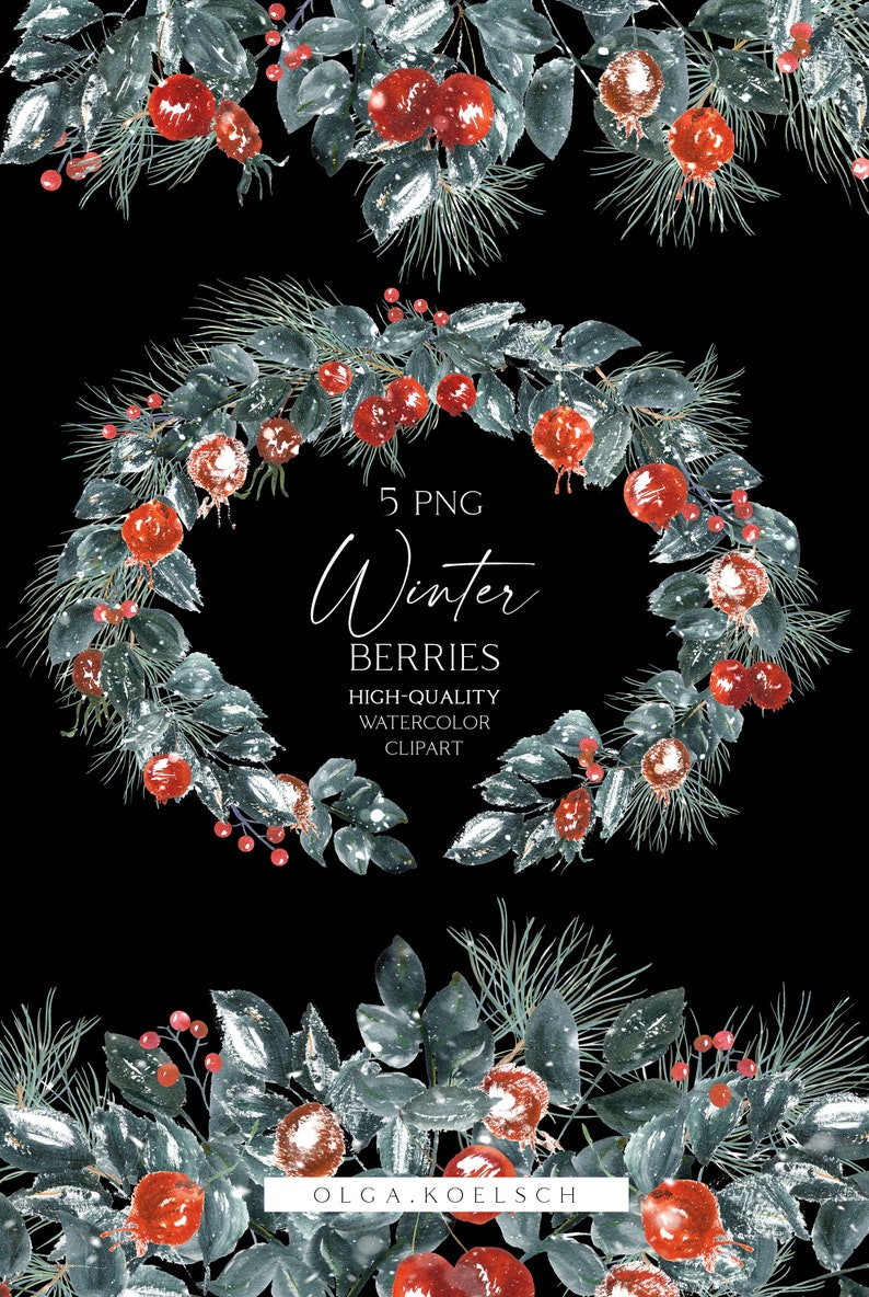 Watercolor Winter Wreath Clipart Red Berries and Greenery - Etsy