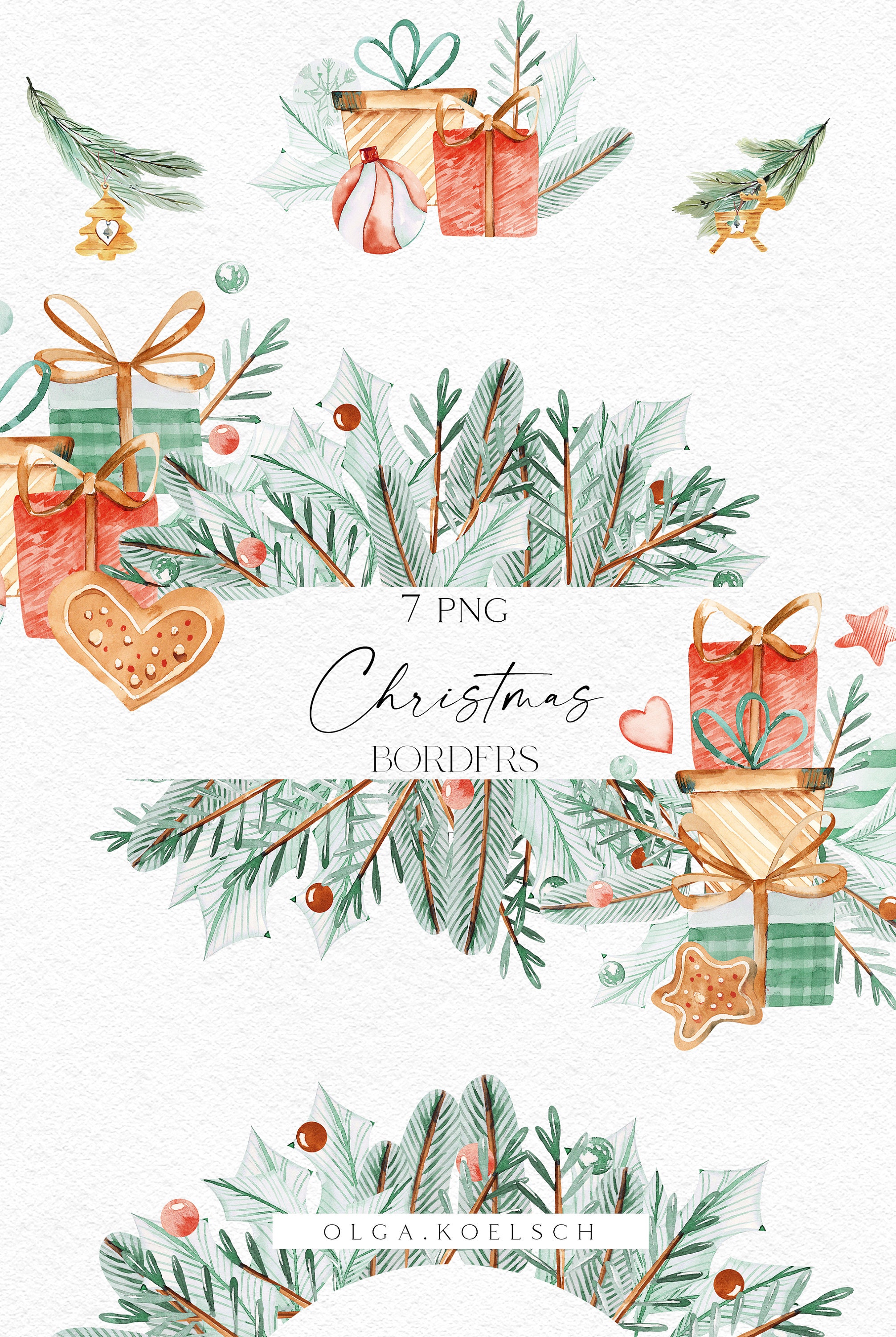 Watercolor Christmas Frames Clipart, Red and Green Christmas Ornament ...