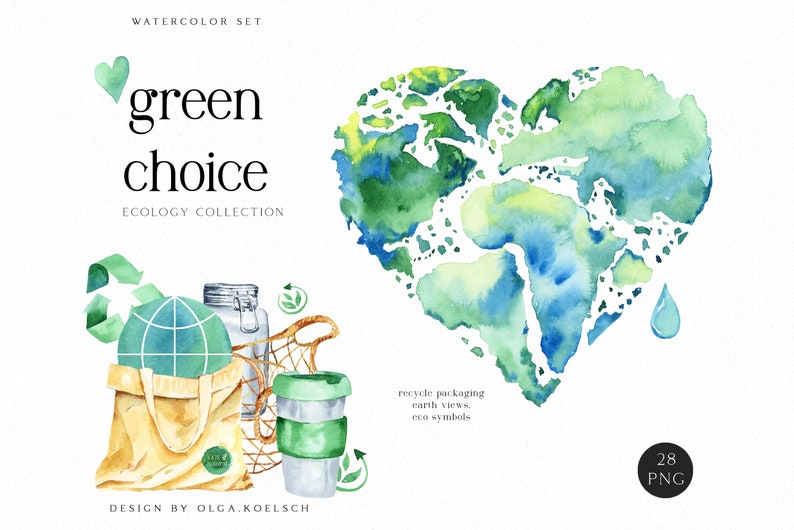 Watercolor Earth Day Clipart Ecological Icons Greenery | Etsy