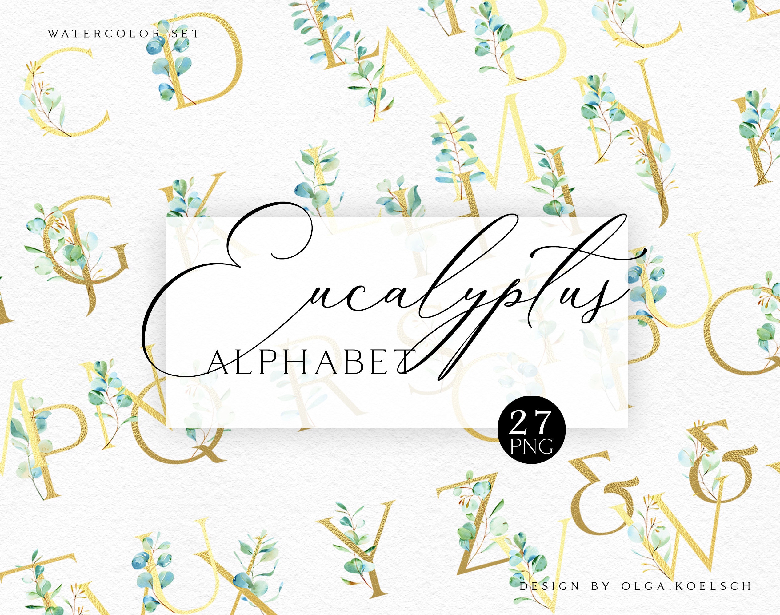 Eucalyptus Watercolor Alphabet Clipart, Greenery Clipart With Floral ...