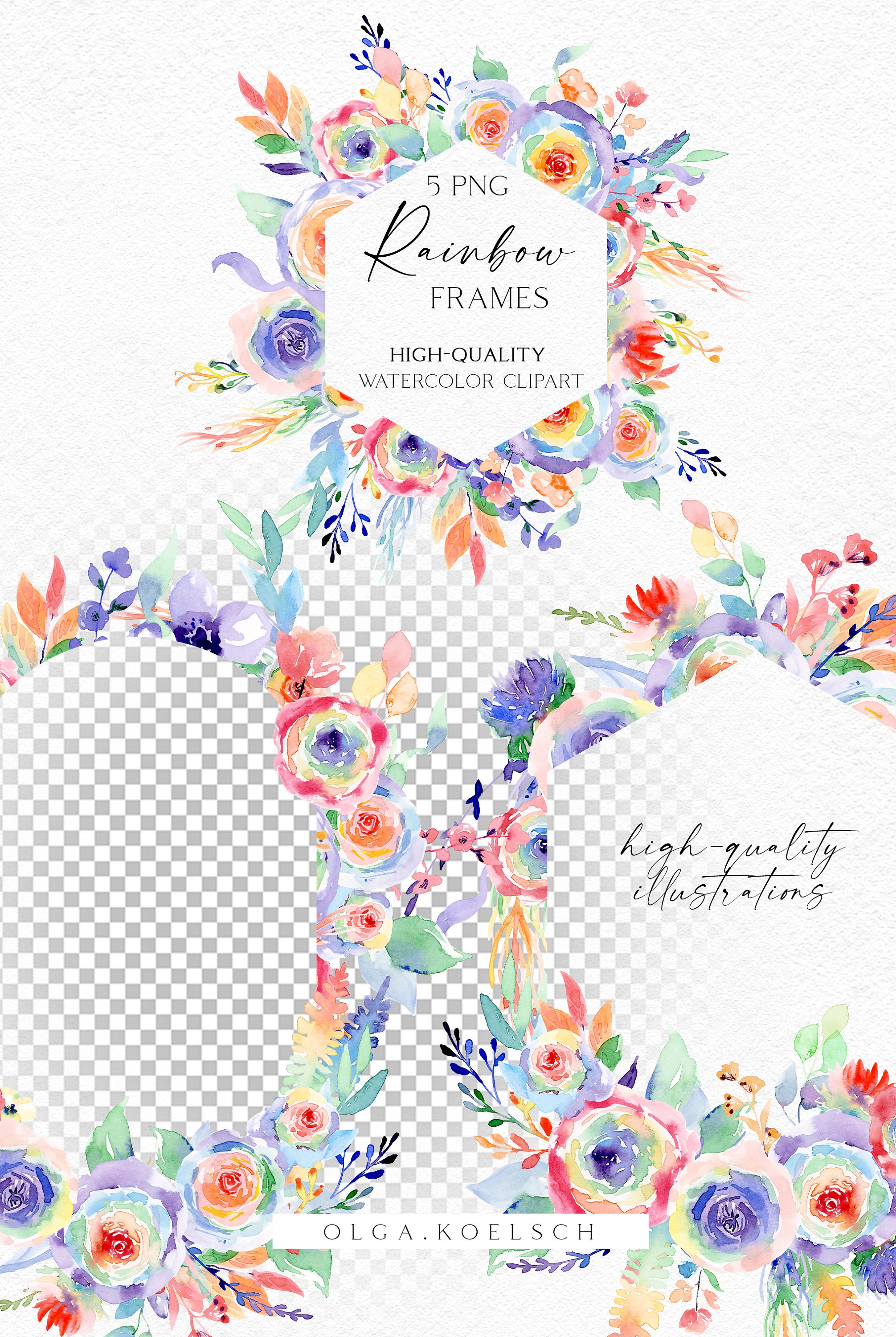 Boho Rainbow Floral Frame Clipart Watercolor Floral Borders - Etsy