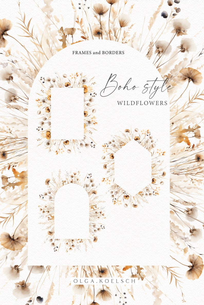 Watercolor Boho Floral Borders Clipart, Dried Wildflowers Frames Png ...