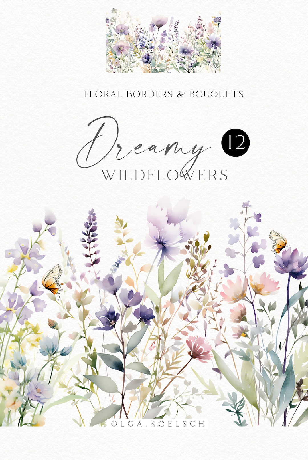 Watercolor Wildflower Borders Clipart, Purple Meadow Bouquet Png for Wildflower Wedding, Baby ...