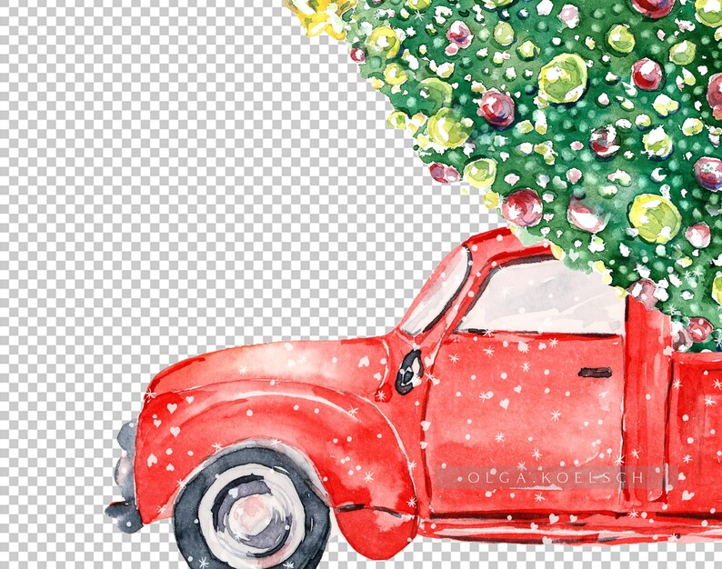 Watercolor Red Christmas Truck Clipart, Holiday Tree PNG (digital ...