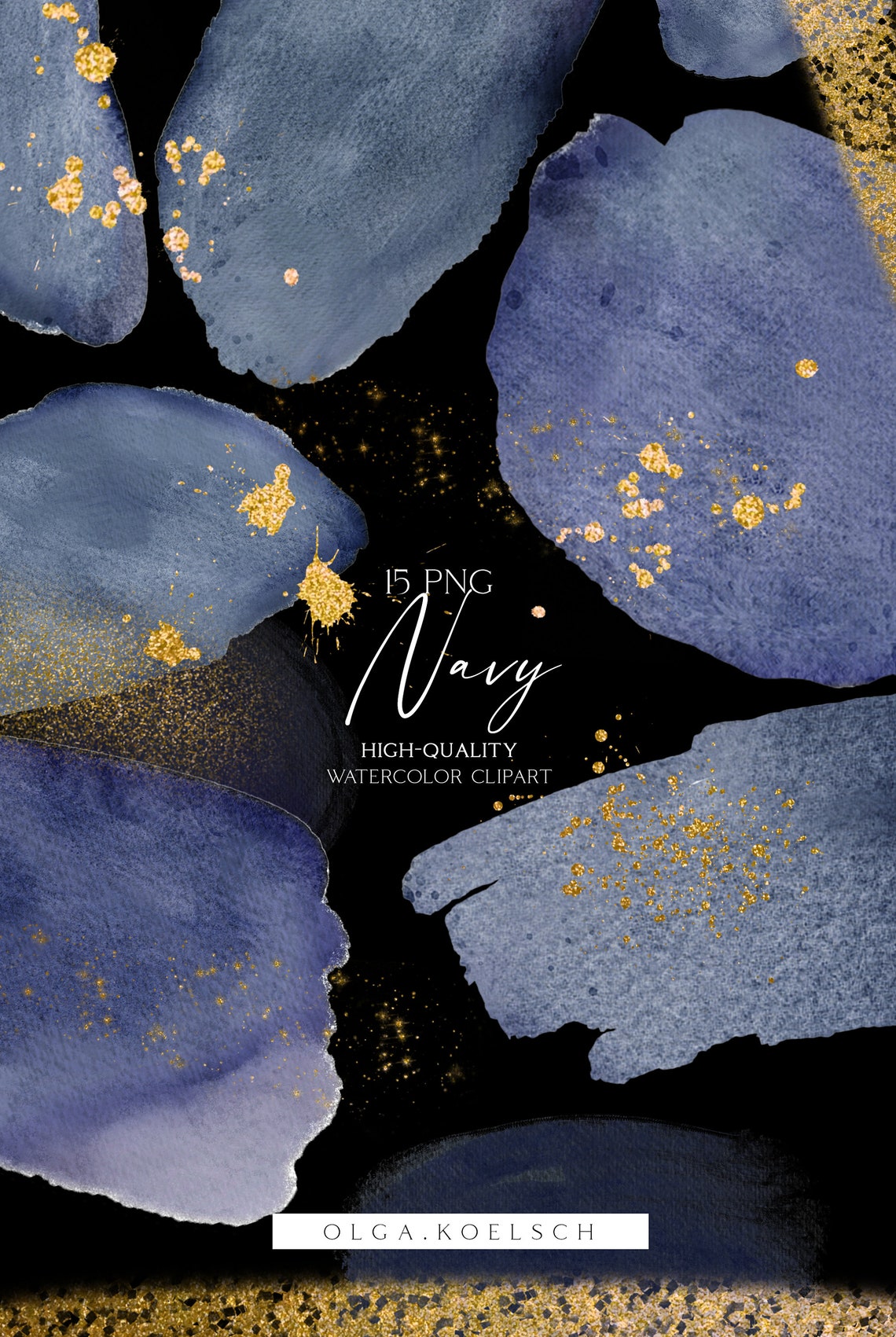 Navy and Gold Watercolor Brush Strokes Png Navy Blue - Etsy