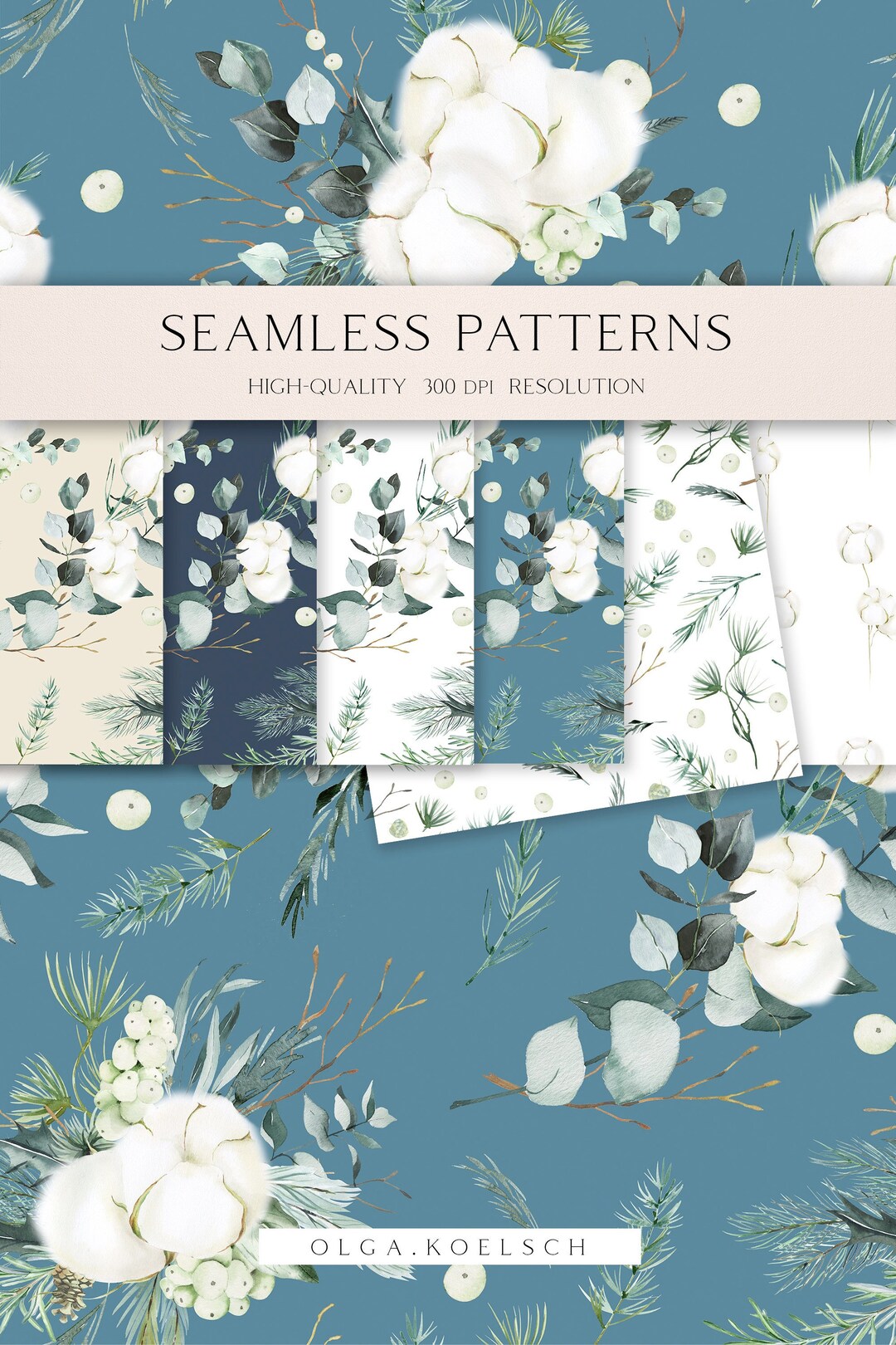 Watercolor Cotton Seamless Pattern Fabric, Cotton Floral Digital Paper ...