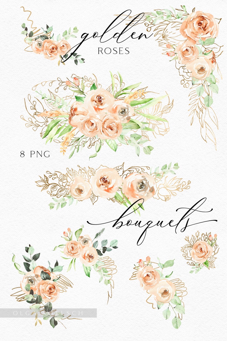 Watercolor Roses Clipart Flower Gold Frame Png Bouquet - Etsy