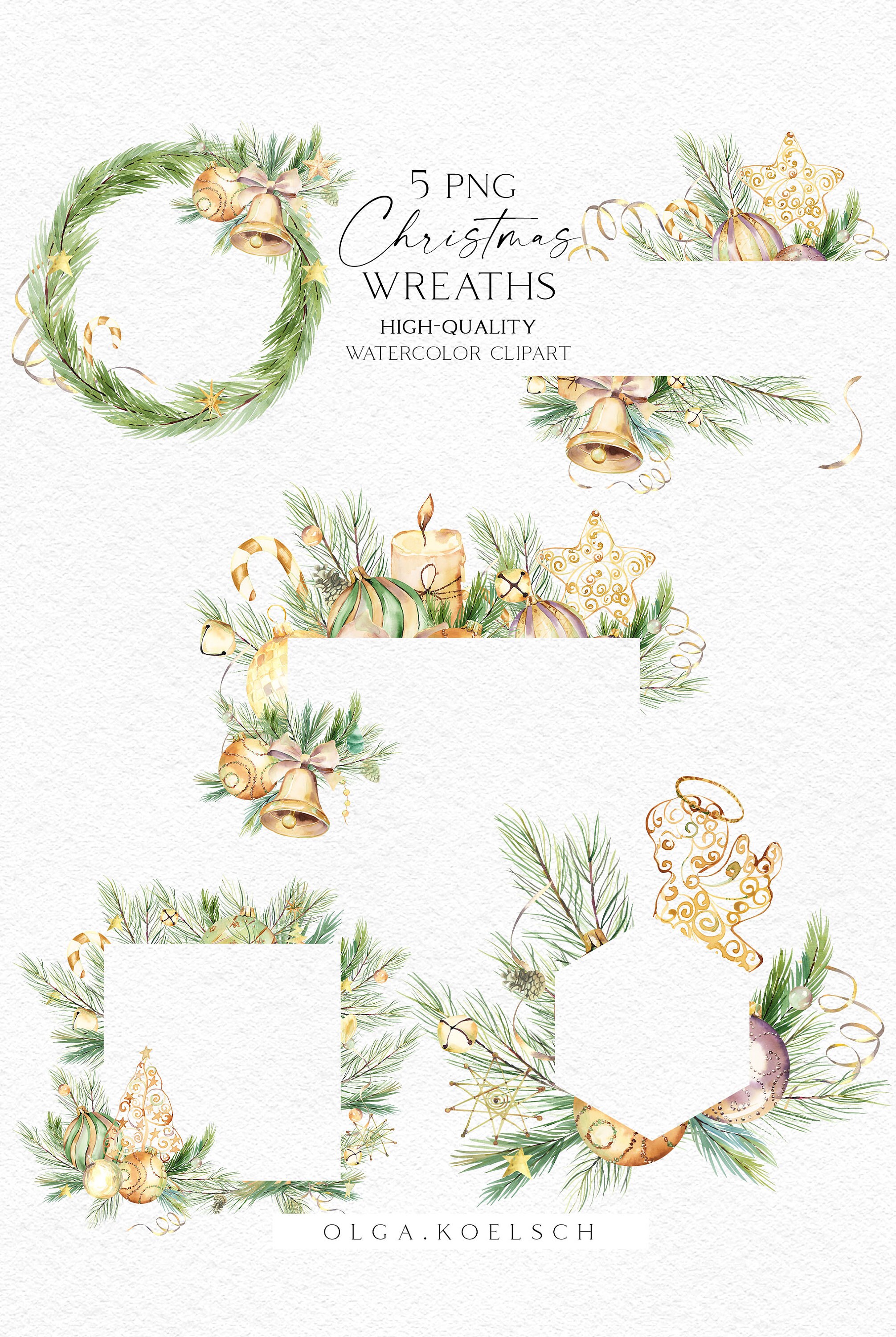 Gold Christmas Wreath Clipart Watercolor Christmas Frames for - Etsy