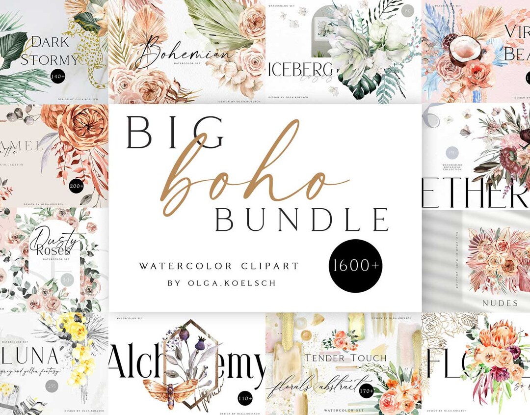Watercolor Boho Floral Clipart Bundle, Rose Clipart for Wedding ...
