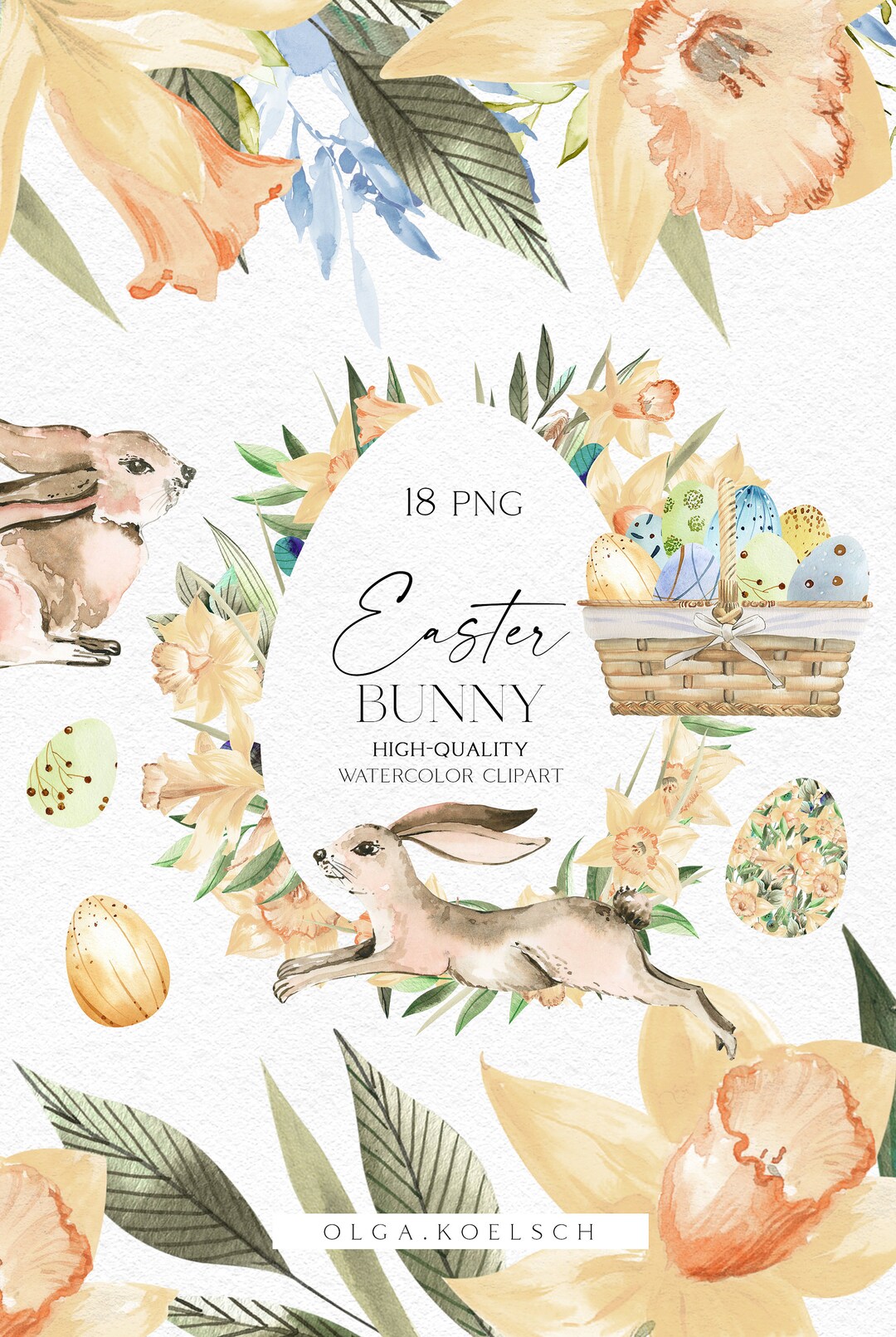 Watercolor Easter Bunny Clipart, Easter Egg Clipart, Easter Wreath Png ...