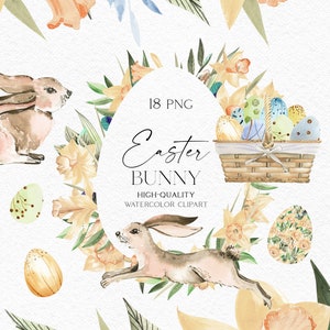Watercolor Easter Bunny Clipart, Easter Egg Clipart, Easter Wreath Png ...